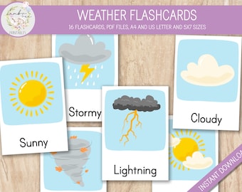16 Weather Cards, Weather Flashcards, INSTANT DOWNLOAD, Toddler Weather ...