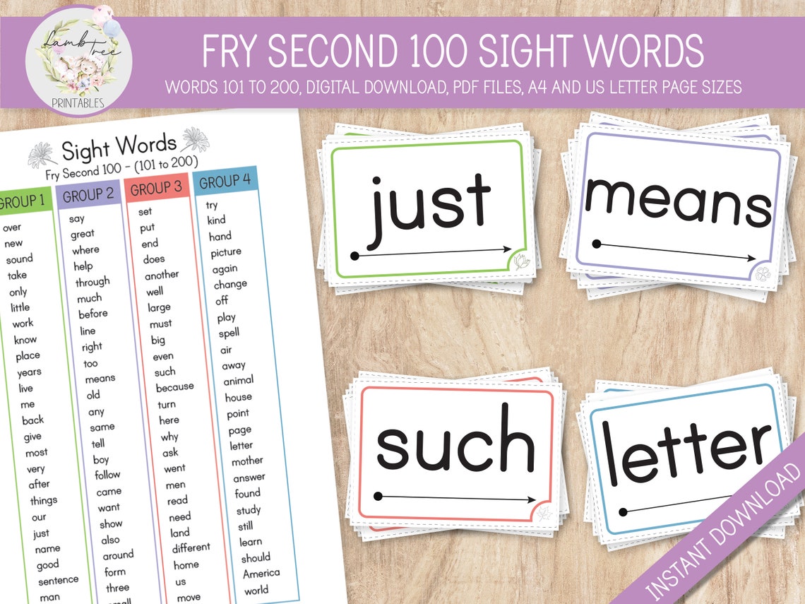 Fry Second 100 Sight Words Flashcards, Fry 101-200 Printable Sight Word ...