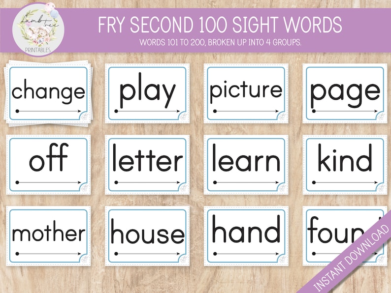 Fry Second 100 Sight Words Flashcards, Fry 101-200 Printable Sight Word ...