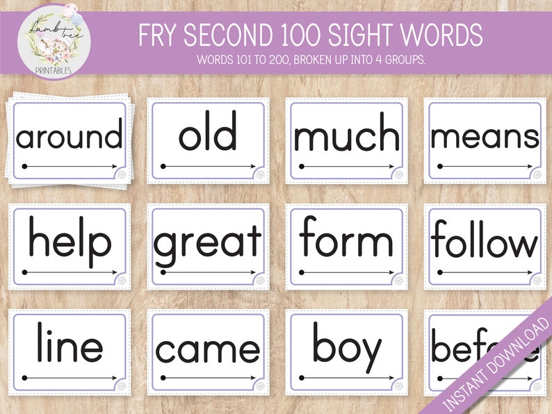 Fry Second 100 Sight Words Flashcards, Fry 101-200 Printable Sight Word ...