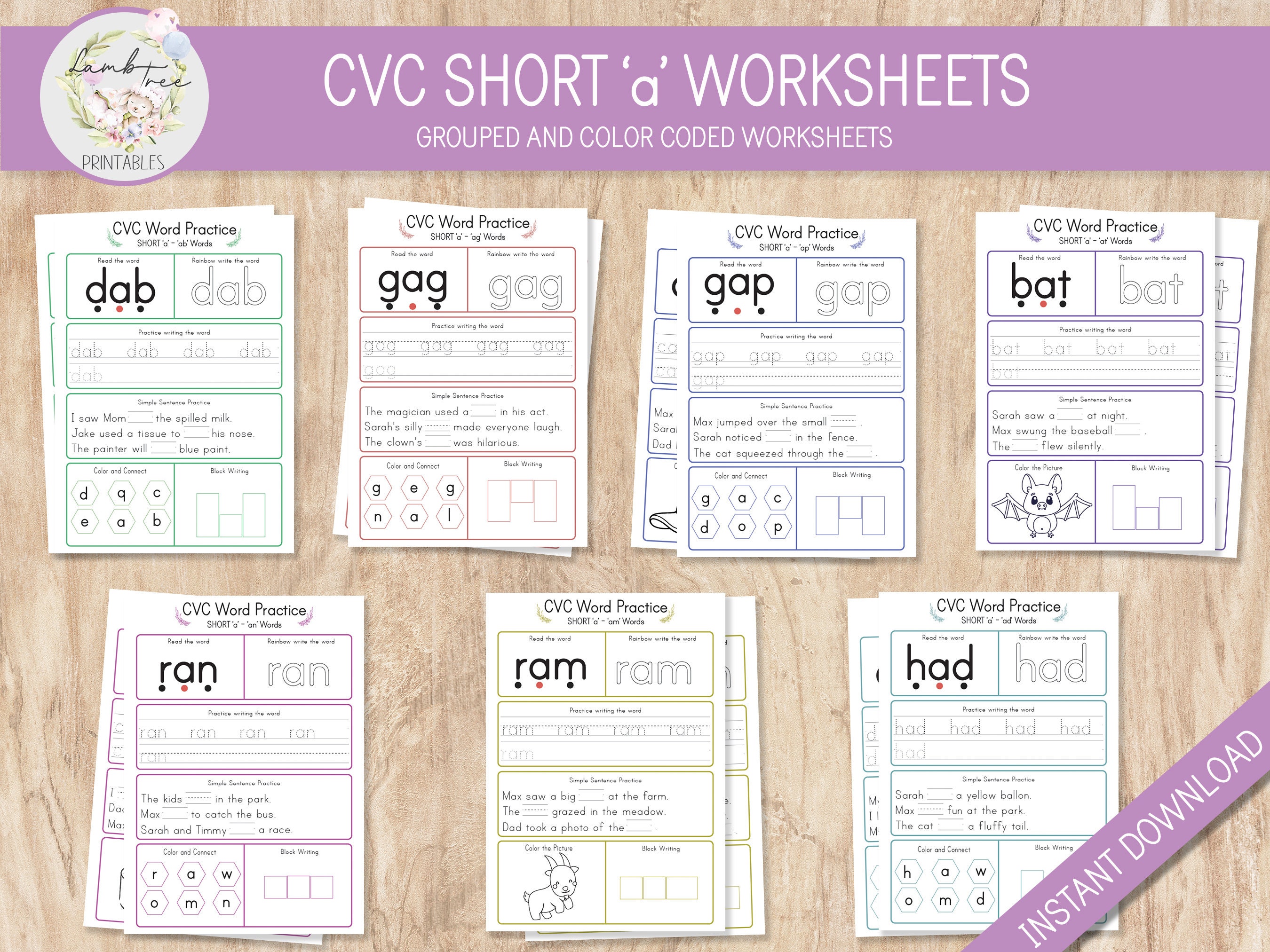 Short A CVC Words Worksheets Printable | Phonics Reading Practice for ...