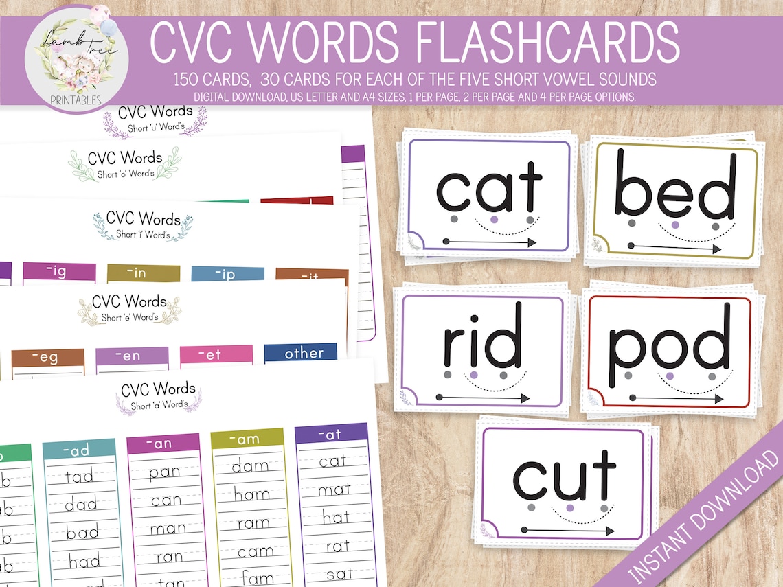 CVC Words Flashcards, CVC Printable Flashcards, Instant Download ...