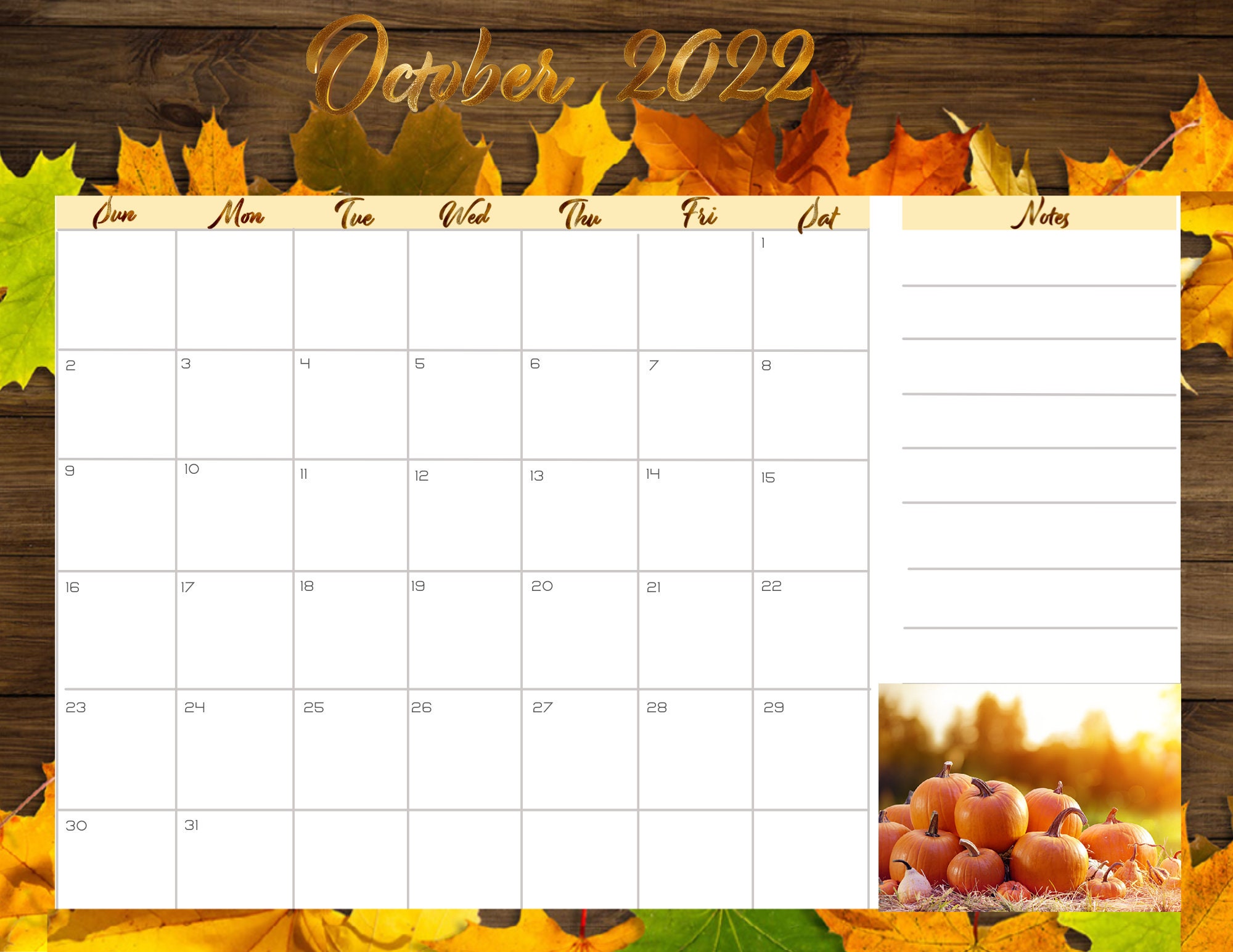 October 2022 Fall & Gold Theme Calendars - Etsy Ireland