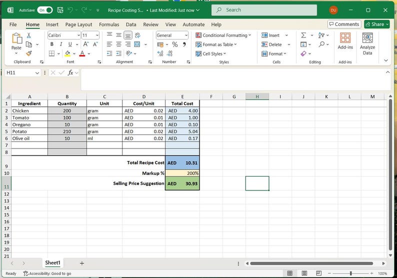 Restaurant Recipe Costing Sheet: Food Cost Calculator (excel Template ...