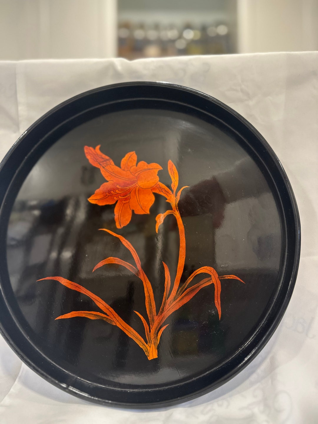 Antique Black Lacquered Tray With Orangish Rust Colored Iris, Large - Etsy