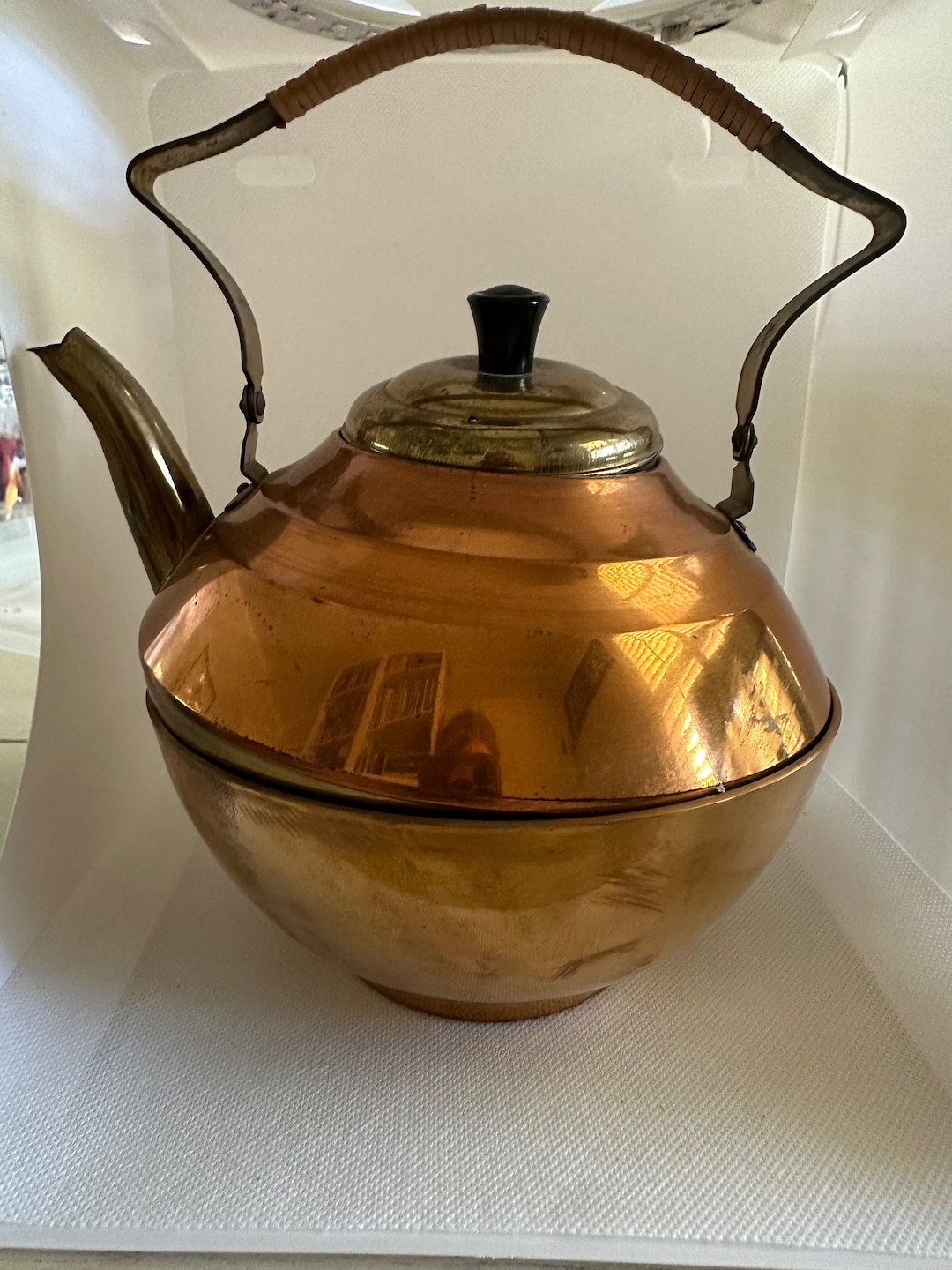 Vintage Copper and Brass Tea Pot Kettle Wrap Handle With Warming Bottom ...