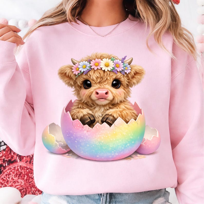 Baby Highland Cow Easter PNG, SVG, Cute Cow in Rainbow Egg Clipart ...