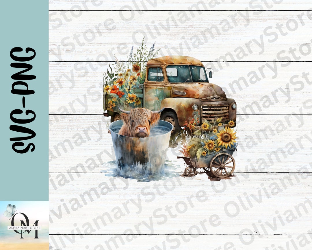 Highland Cow PNG, Sunflower Png, Cow PNG, Rustic Truck Png, Wheel ...