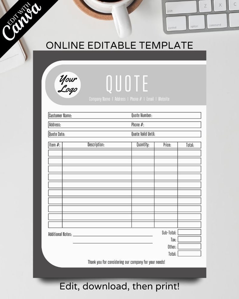 Editable Quote Template, Estimate Template, Quote Template, Printable ...