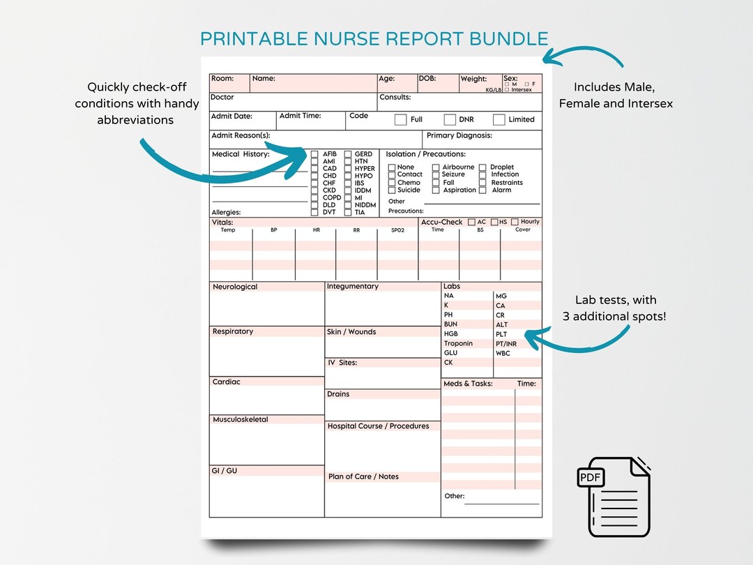 Printable Nurse Report Sheet Bundle, Nurse Sheet, Nurse Brain, Med Surg ...