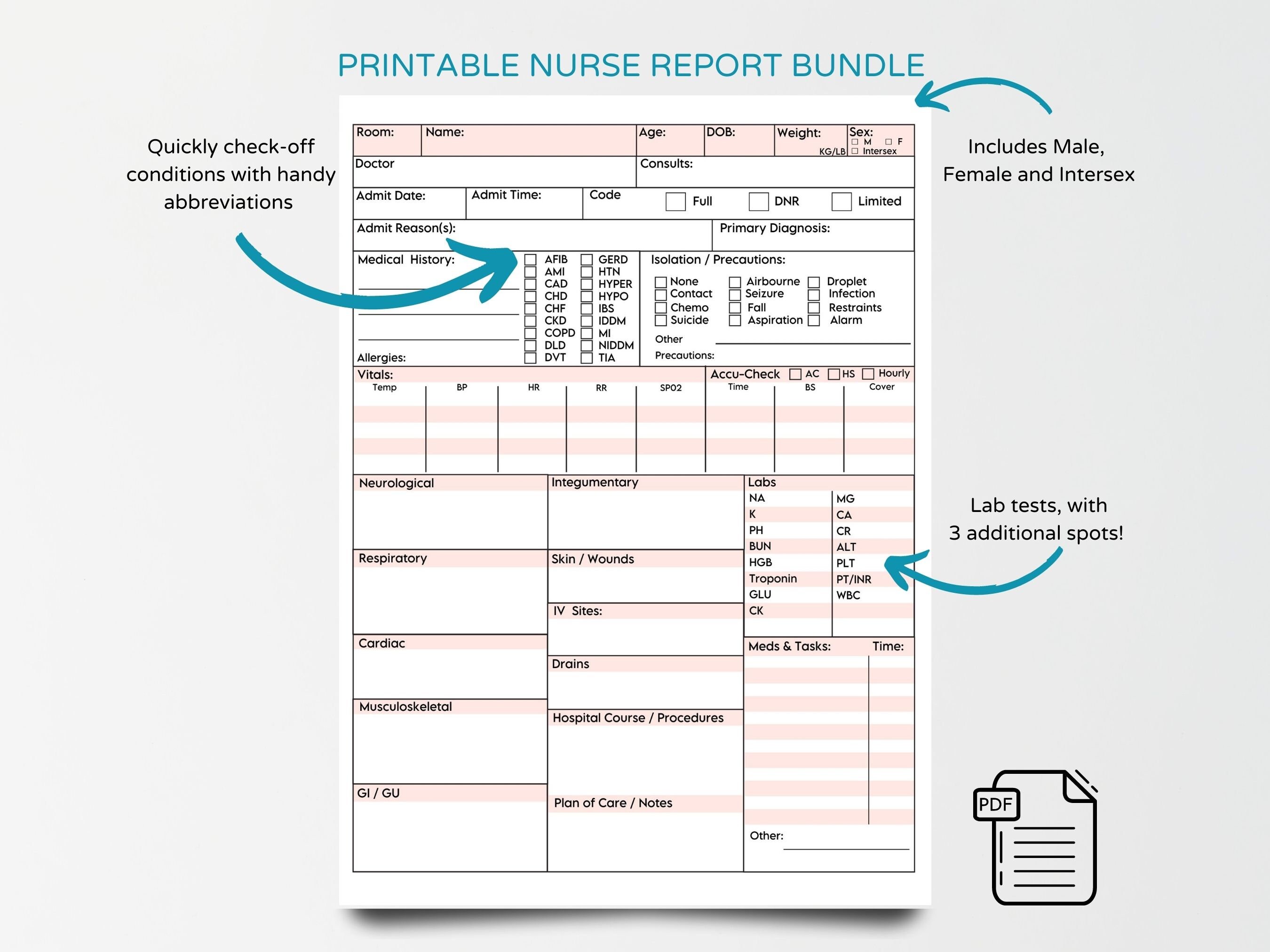 Printable Nurse Report Sheet Bundle, Nurse Sheet, Nurse Brain, Med Surg ...