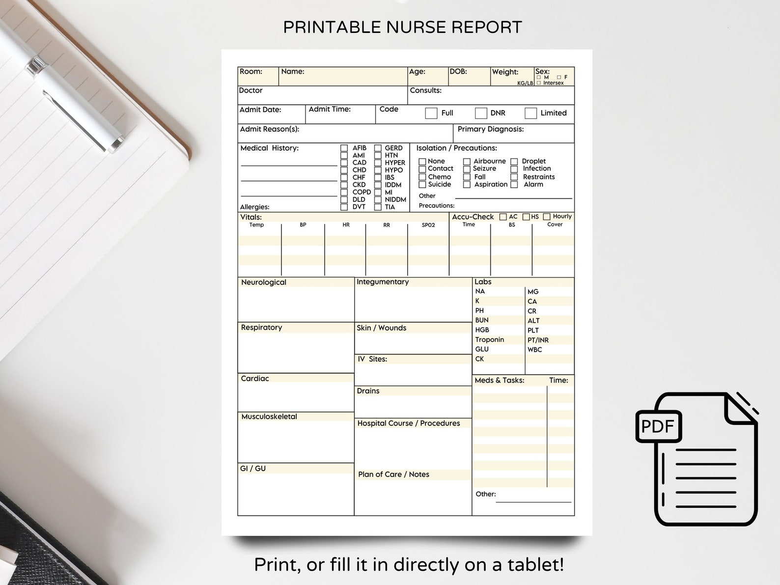 Printable Nurse Report Sheet, Nurse Sheet, Nurse Brain, Med Surg ...