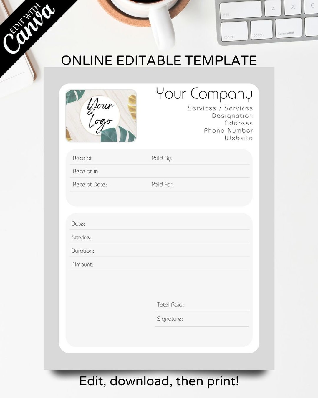 Editable Service Receipt Template, Canva Template, Receipt Template ...