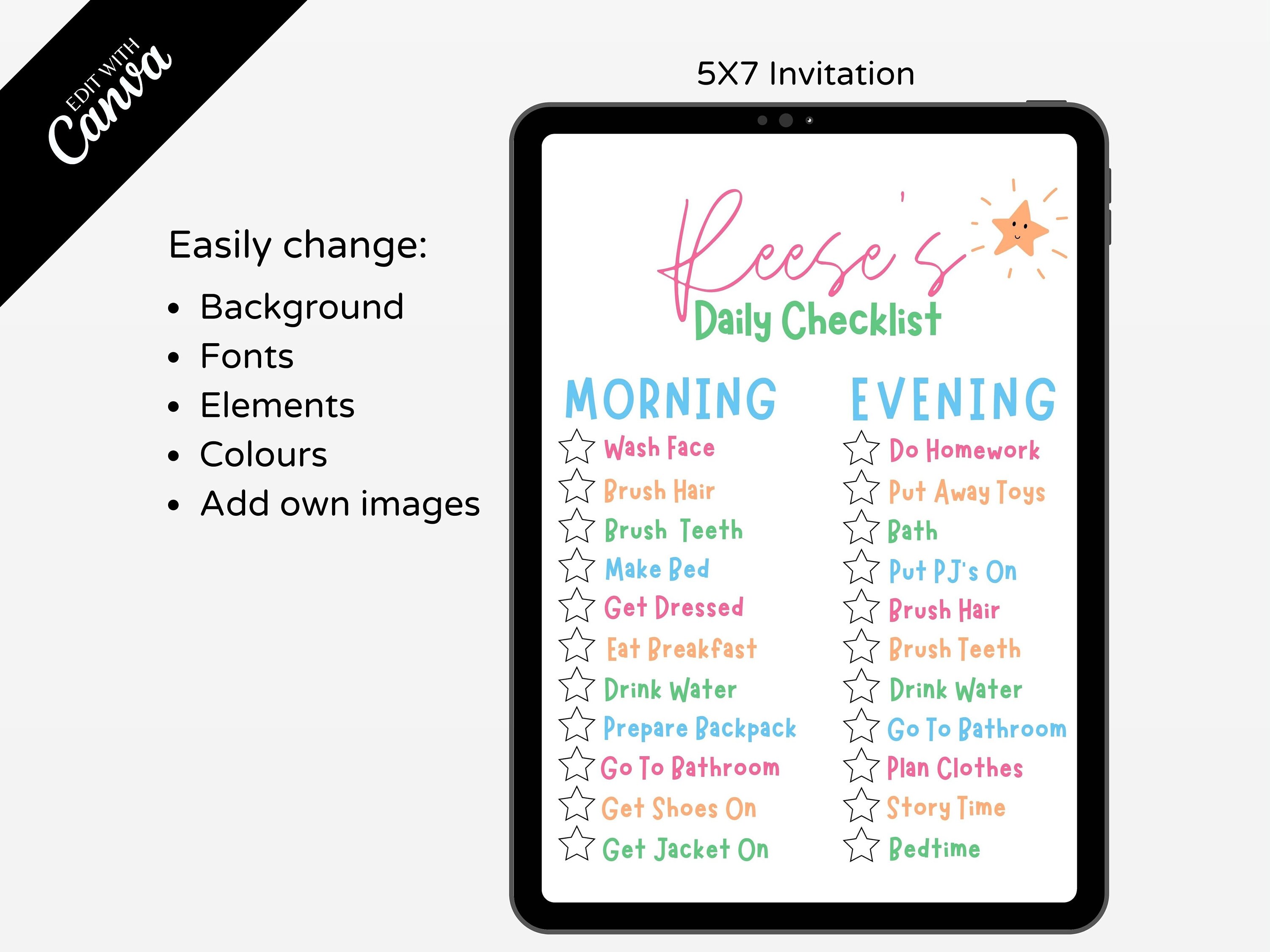 Editable Rainbow Kids Daily Checklist, Kids Checklist, Kids Daily ...