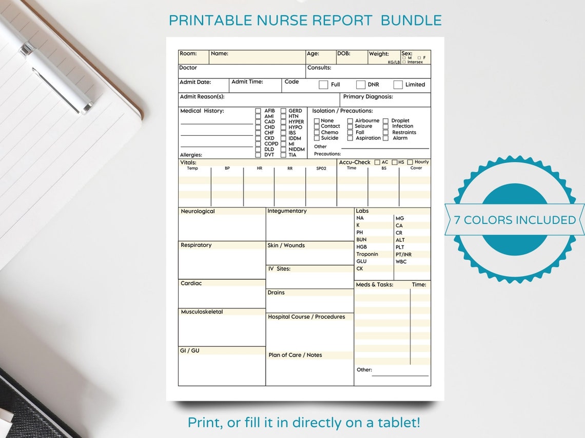 Printable Nurse Report Sheet Bundle, Nurse Sheet, Nurse Brain, Med Surg ...