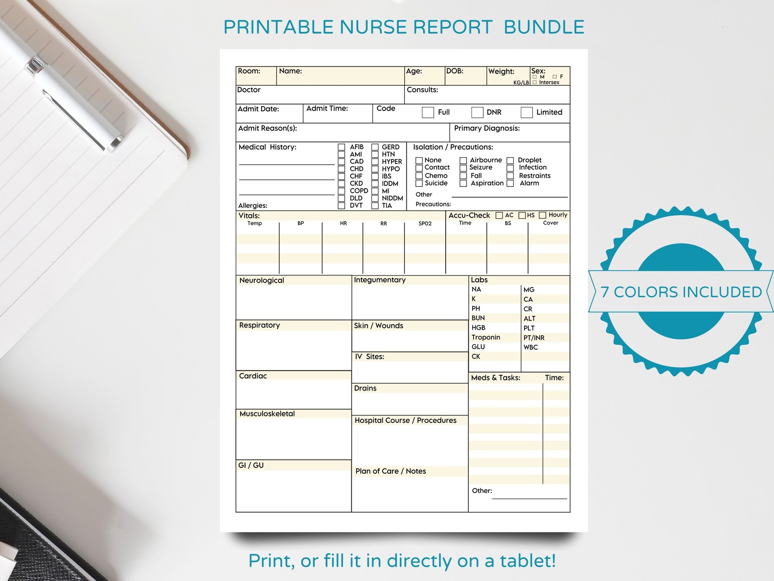 Printable Nurse Report Sheet Bundle, Nurse Sheet, Nurse Brain, Med Surg ...