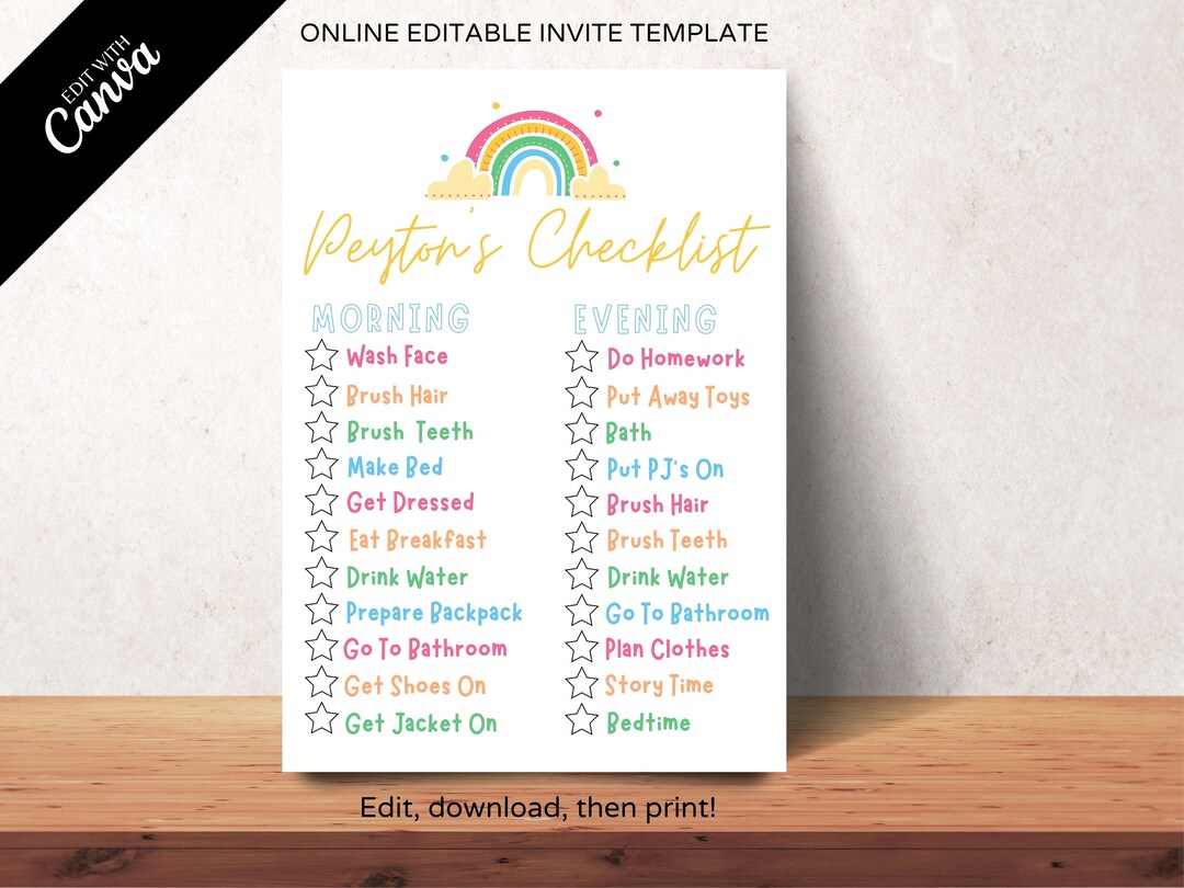 Editable Rainbow Kids Daily Checklist, Kids Checklist, Kids Daily ...