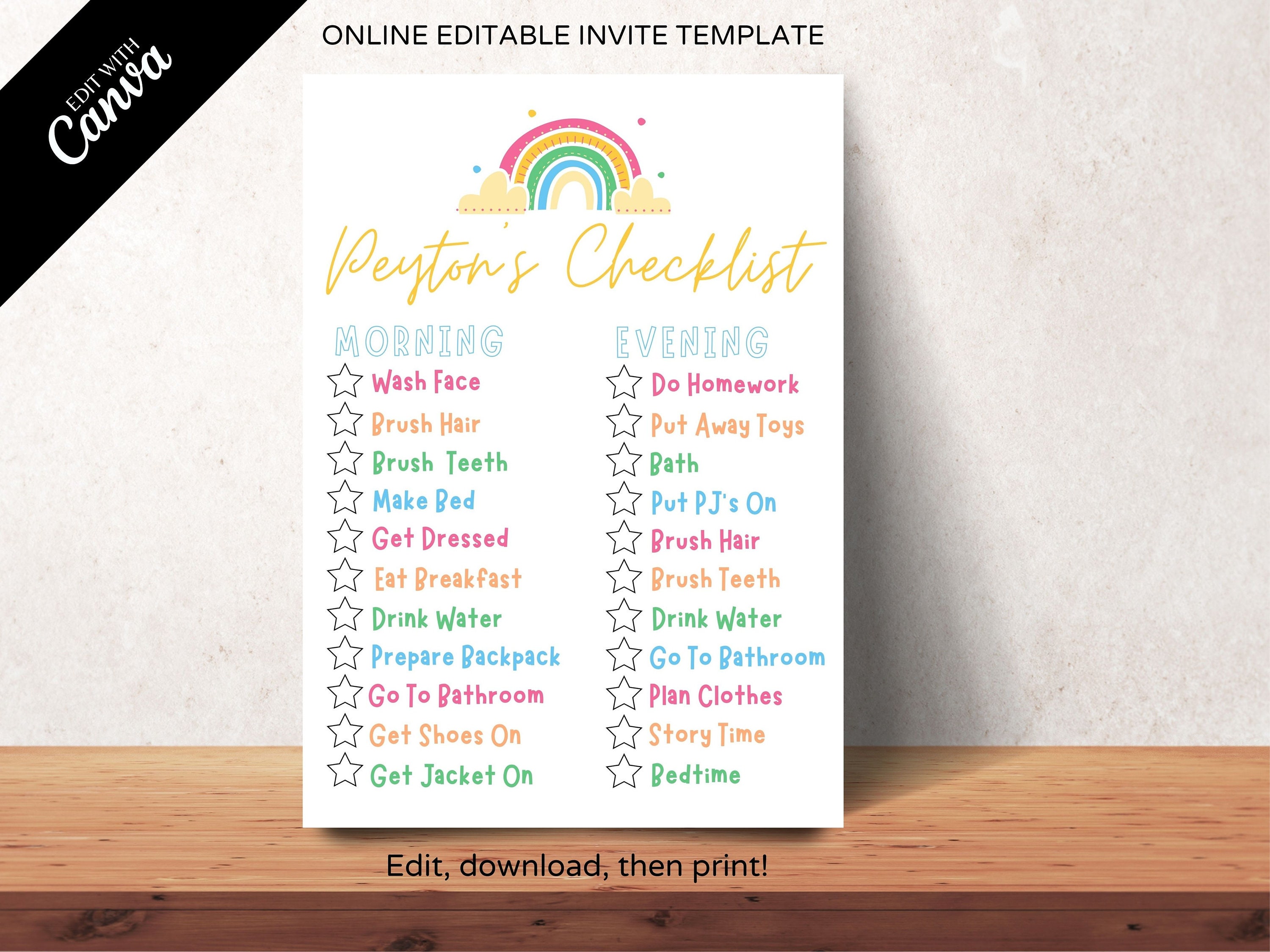 Editable Rainbow Kids Daily Checklist, Kids Checklist, Kids Daily ...