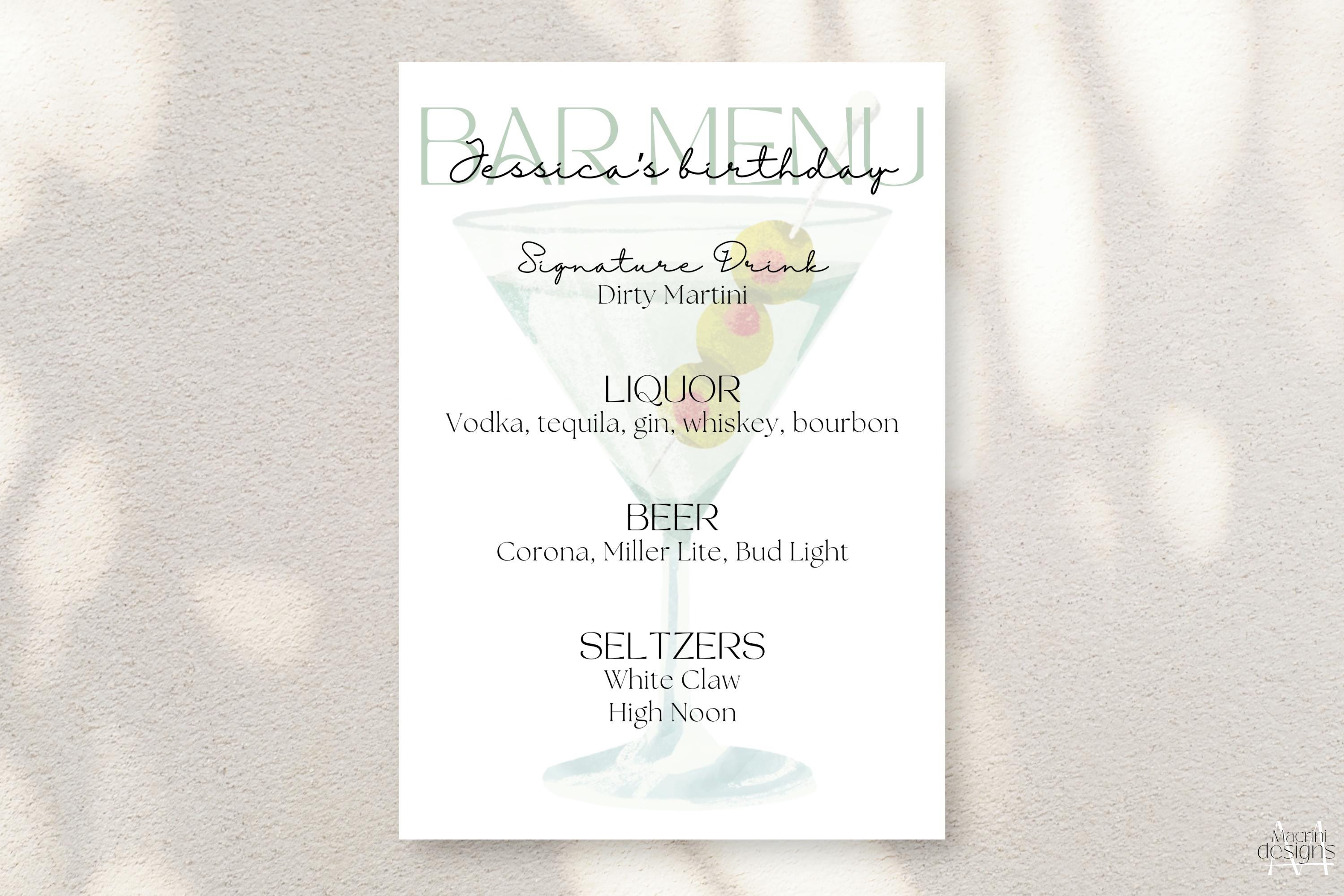30th Birthday Bar Menu Sign: Custom Martini Bar (editable Canva ...
