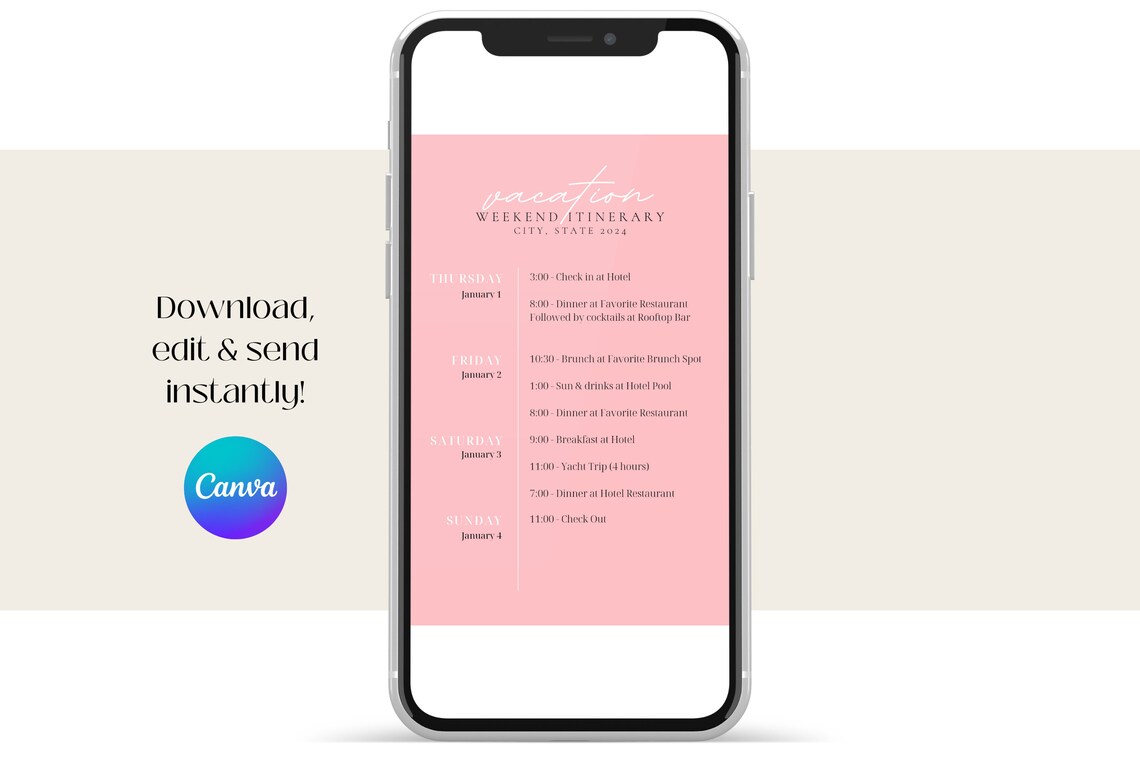 Editable Girls Trip Itinerary Template, Vacation Itinerary, Weekend ...