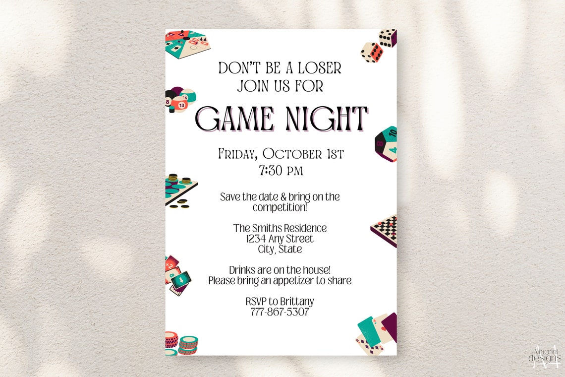 Editable Game Night Invitation, Board Game Night Invite, Card Game ...