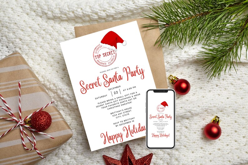 Secret Santa Invitation, White Elephant Party Invite, Holiday Gift ...