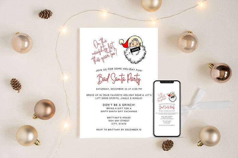 Dirty Santa Party, Bad Santa Party, Editable Adult Holiday Party Invite ...