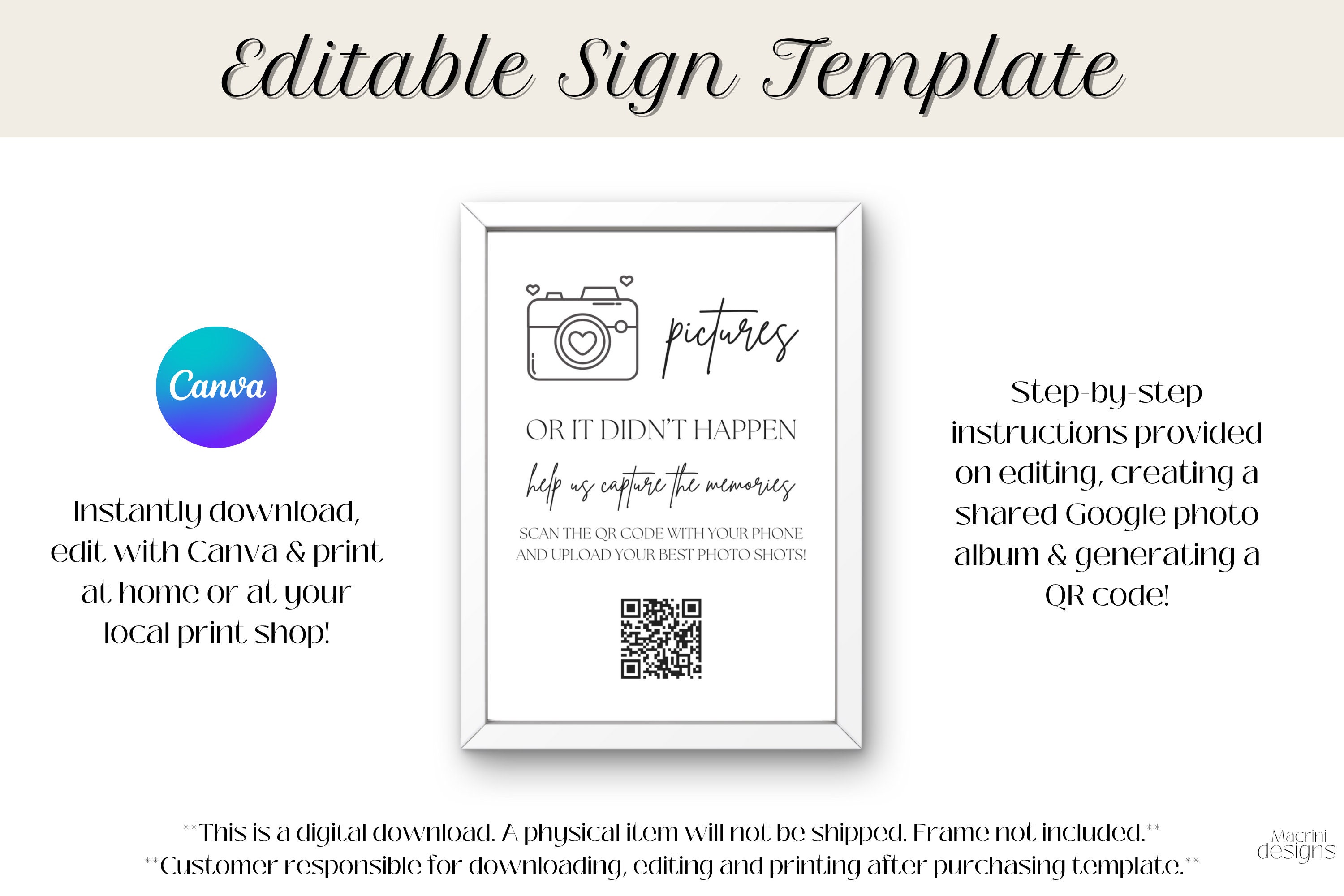 QR Code Sign for Wedding & Party Picture Photo Sharing (canva Template ...