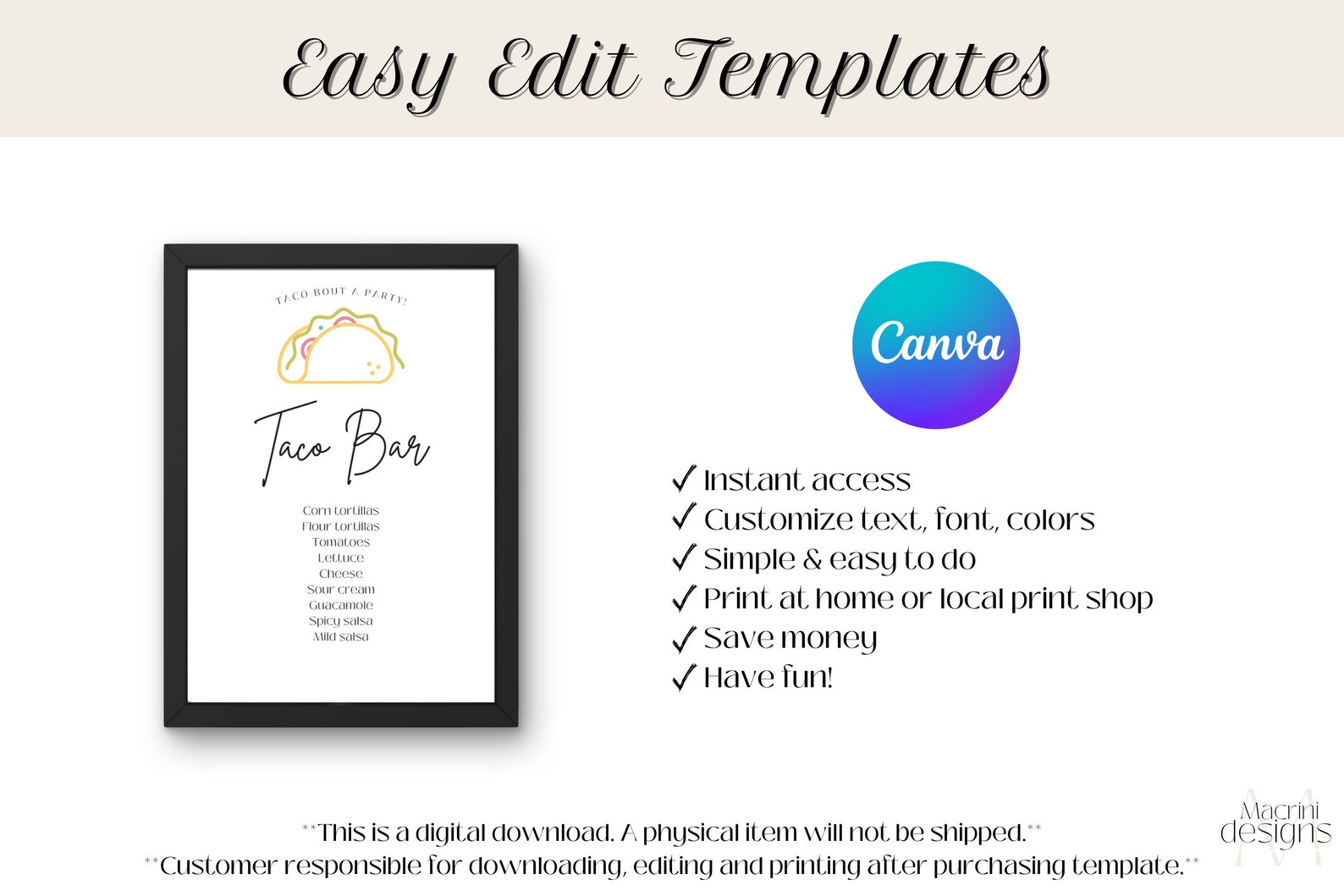 Taco Bar Sign, Editable Taco Bar Menu, Taco Party Sign Template, Tacos ...