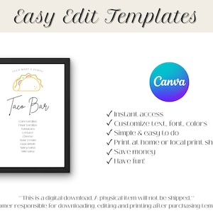 Taco Bar Sign, Editable Taco Bar Menu, Taco Party Sign Template, Tacos ...