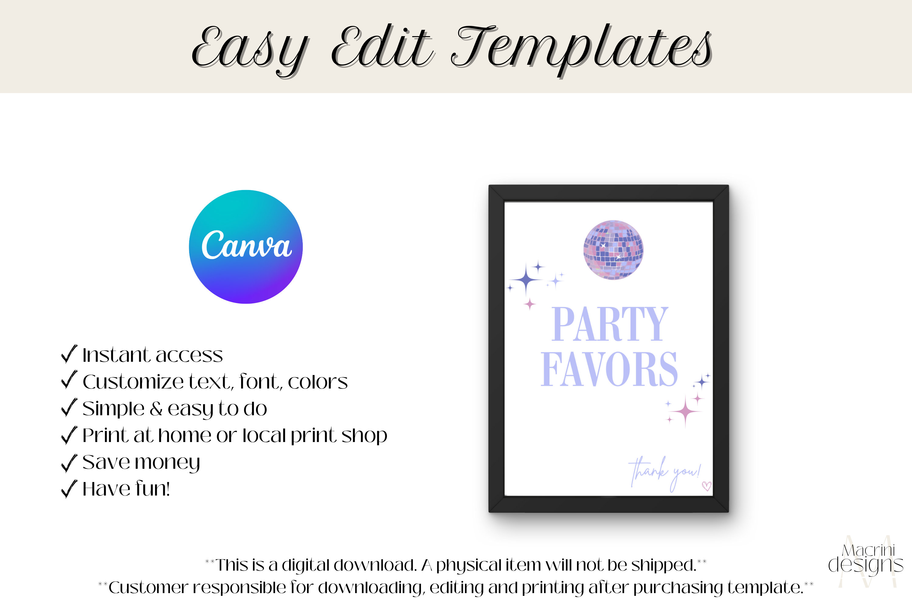 Editable Party Favors Sign Template, Custom Table Sign, Birthday Party ...