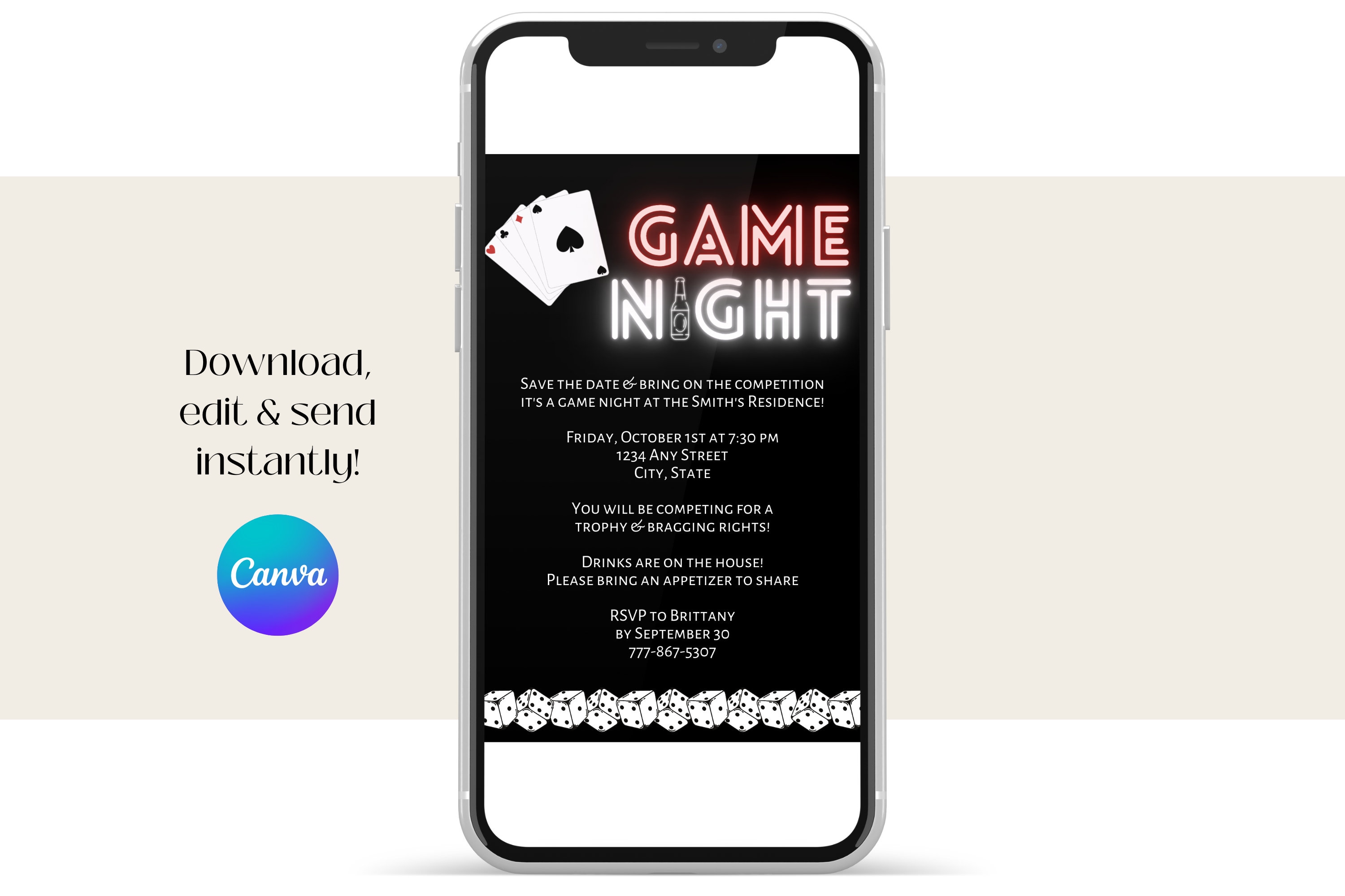 Game Night Invite, Editable Game Night Invitation Template, Bunco Night ...