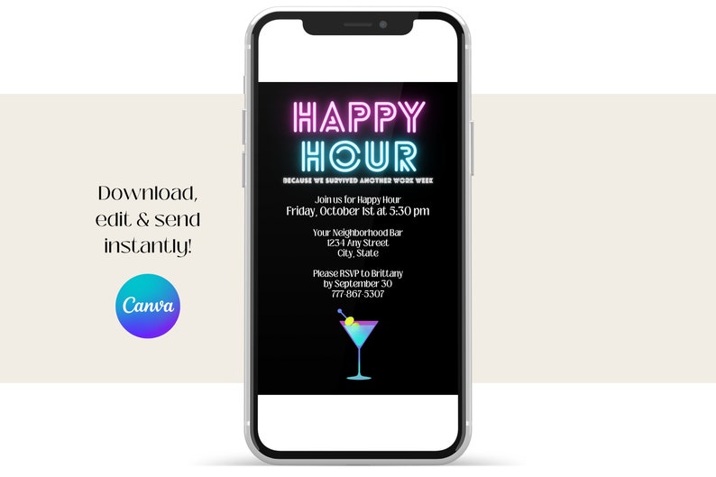 Work Happy Hour Invite, Editable Happy Hour Invitation, Cocktail Hour ...