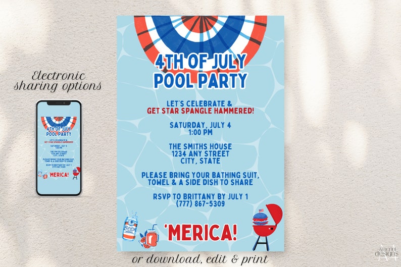 4th of July Party Invitation, July 4th Pool Party Invite, Fourth of ...