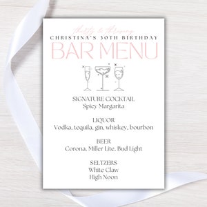 30th Birthday Bar Menu, Custom Bar Sign, Editable Bar Menu Template ...