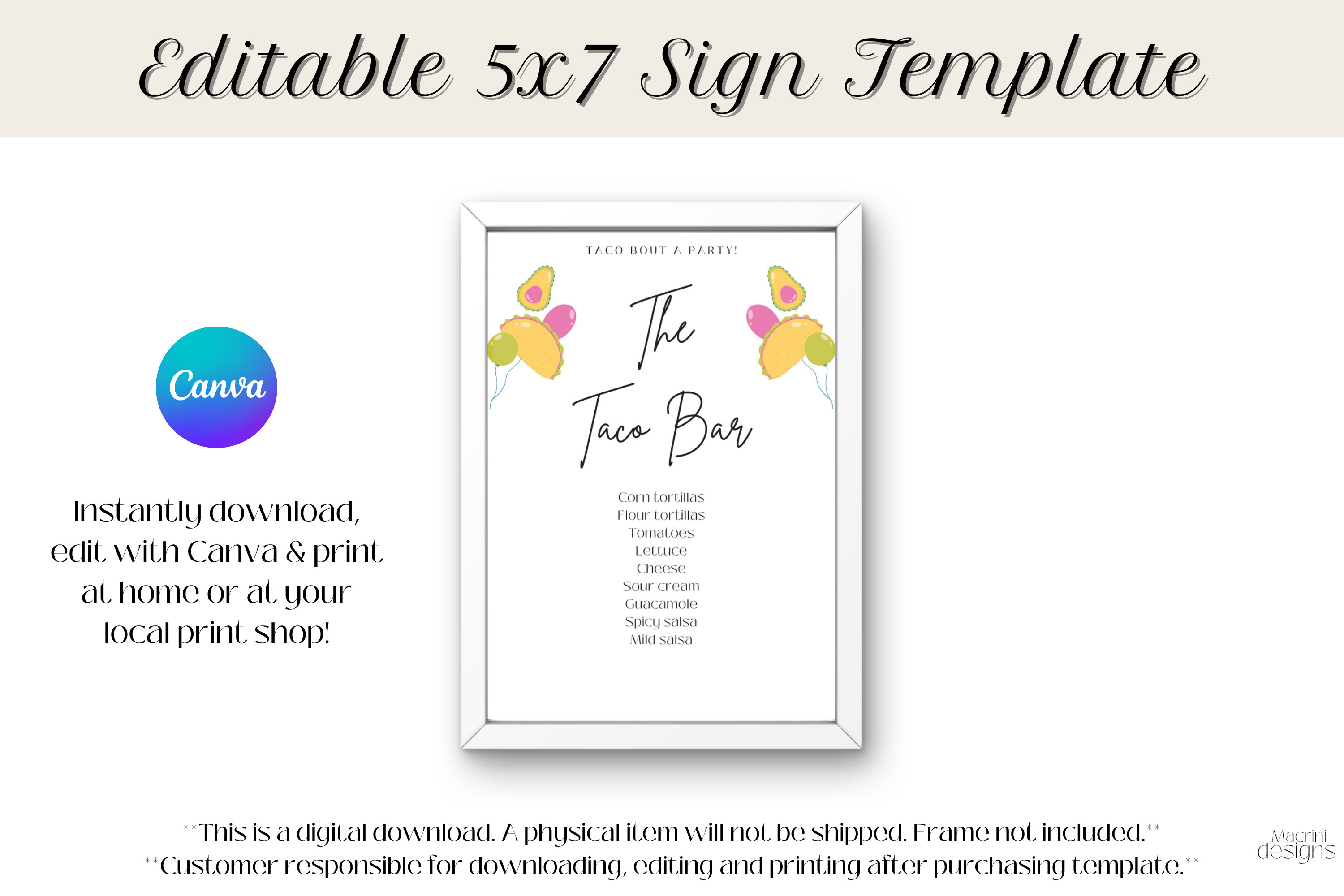 Taco Bar Sign, Editable Taco Bar Menu, Taco Party Sign Template, Tacos ...