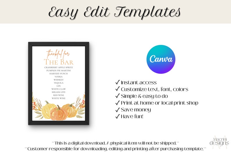 Friendsgiving Bar Menu, Thanksgiving Drinks Menu Sign Template ...
