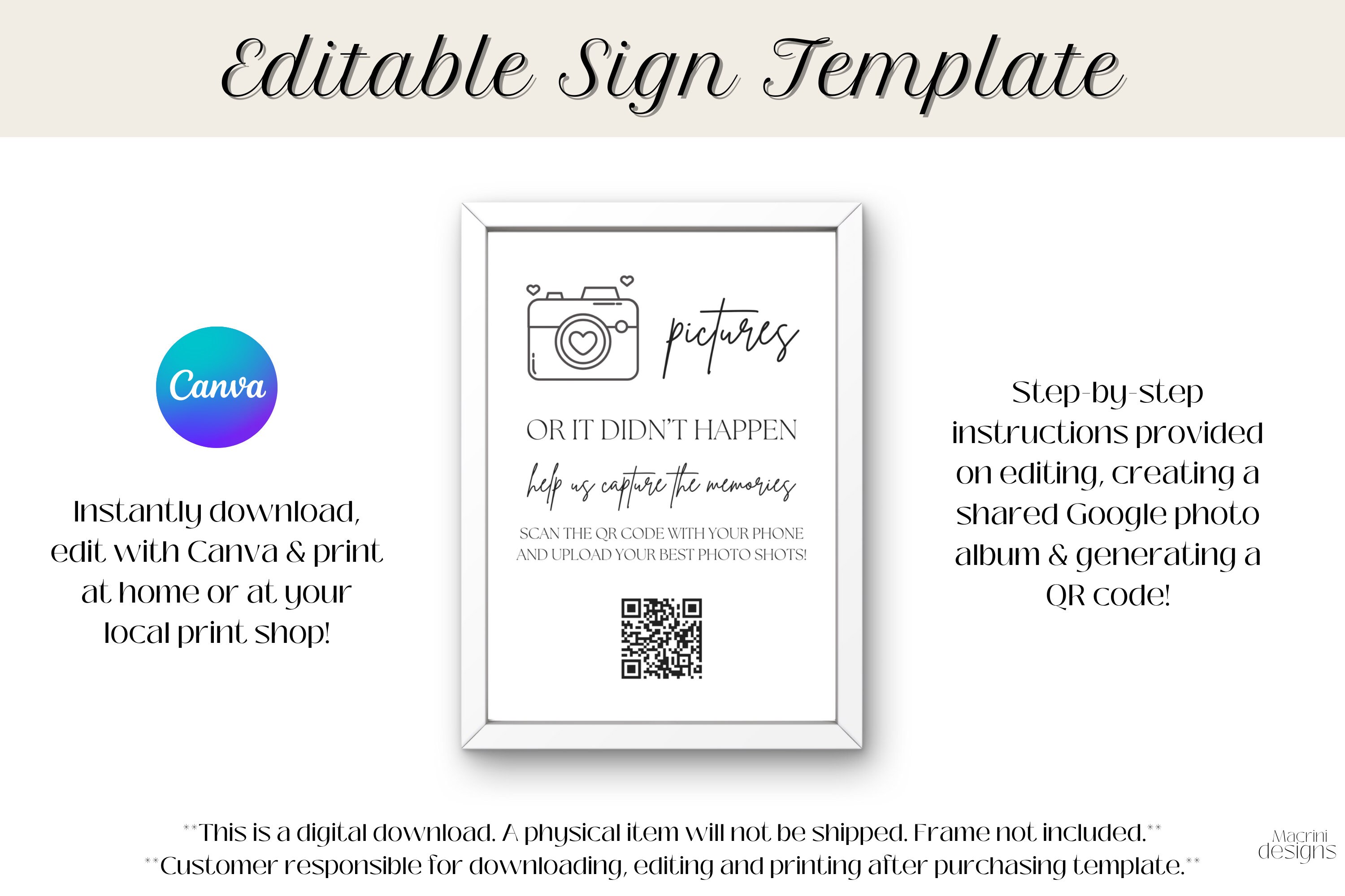 Wedding QR Code Sign, Photo Sharing Sign Template, QR Code Photo Album ...