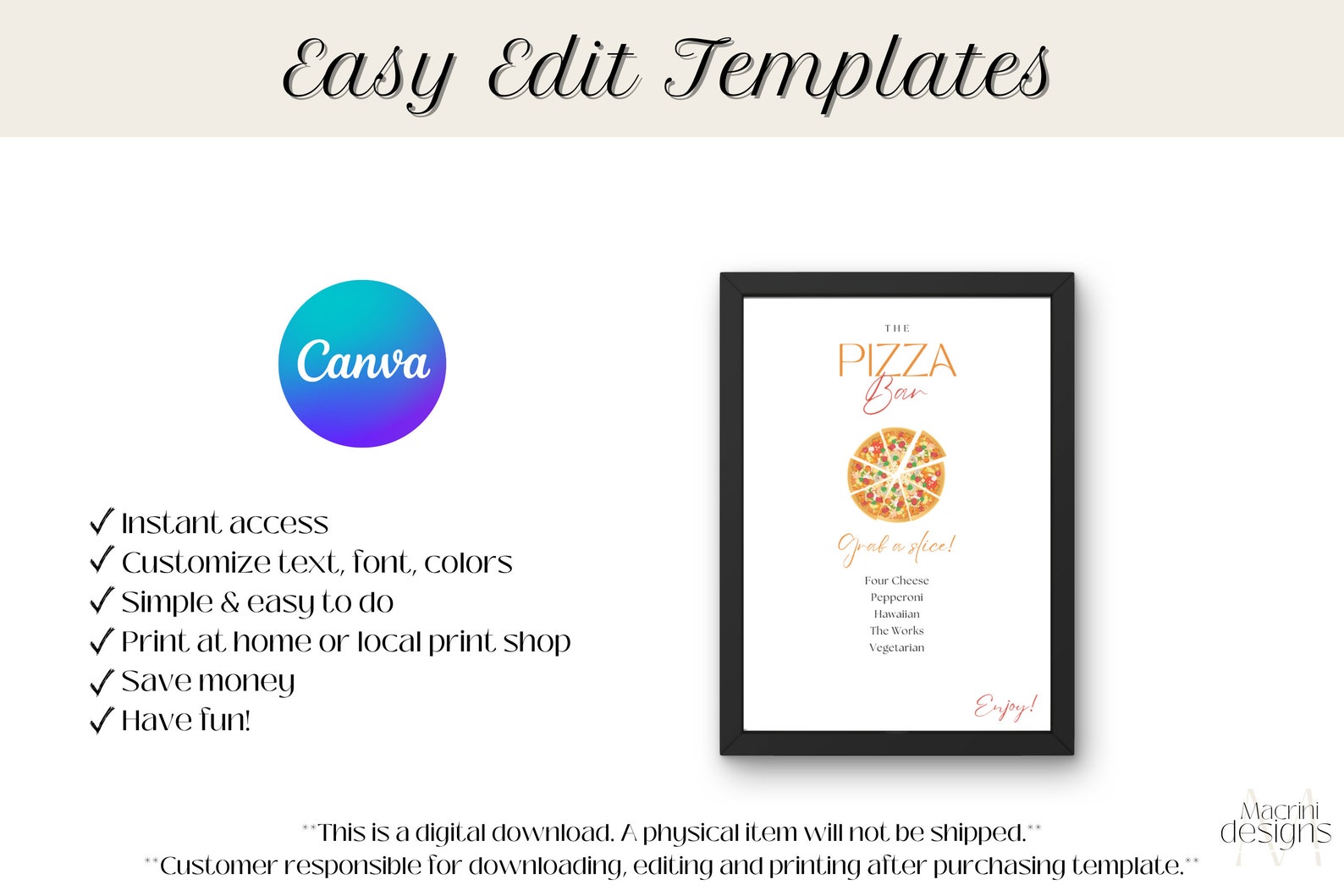 Pizza Bar Sign, Editable Pizza Menu Sign, Editable Menu Template ...