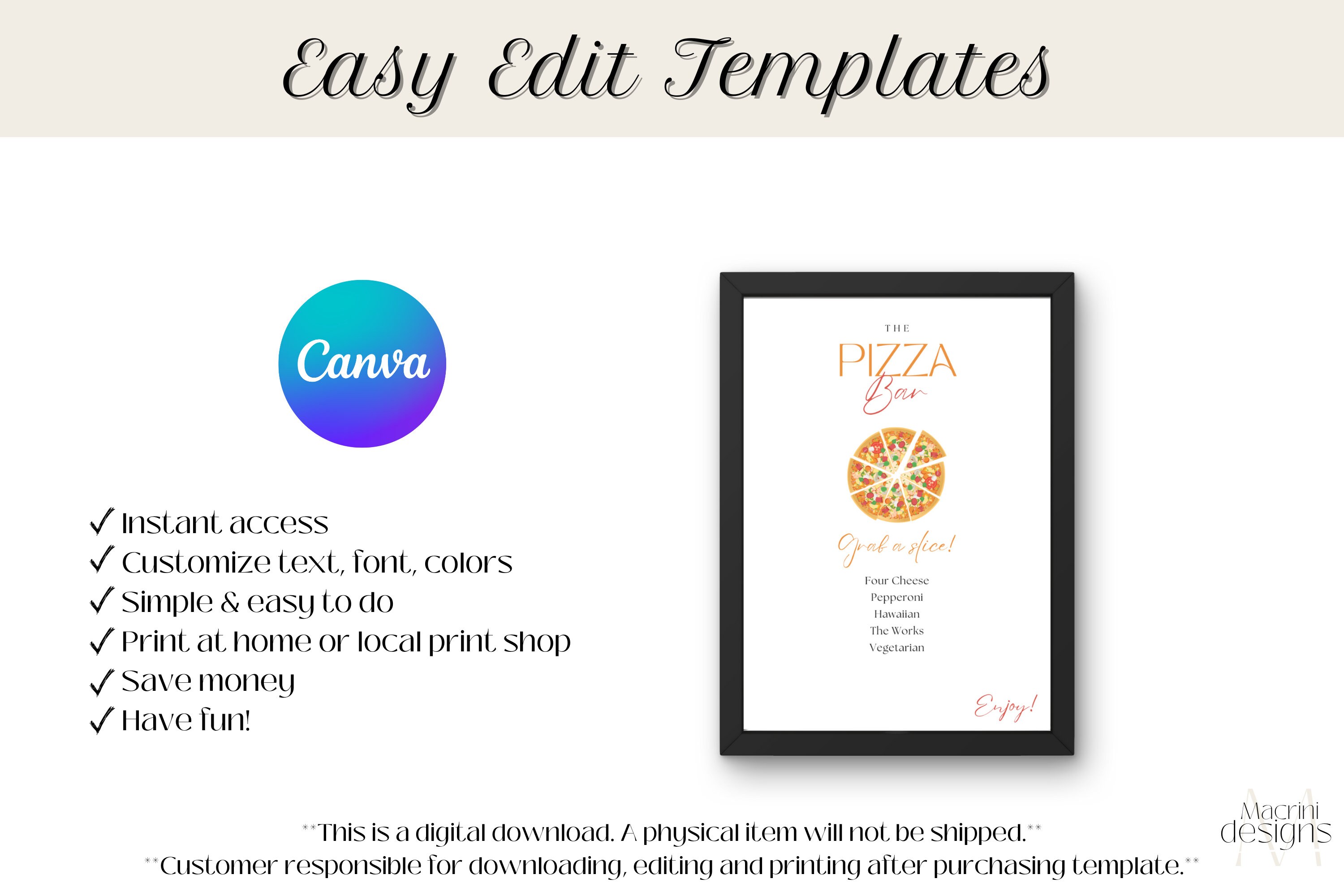 Pizza Bar Sign, Editable Pizza Menu Sign, Editable Menu Template ...