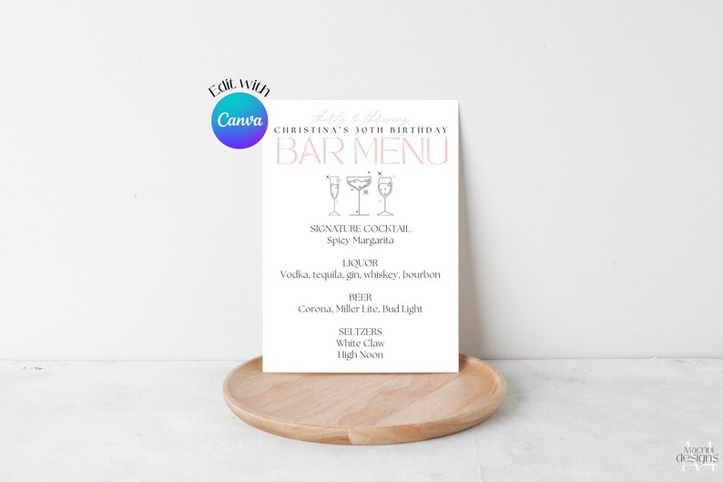 30th Birthday Bar Menu, Custom Bar Sign, Editable Bar Menu Template ...