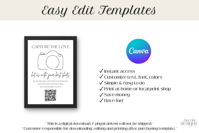 Wedding QR Code Sign Capture the Love, Editable Custom QR Code Photo ...
