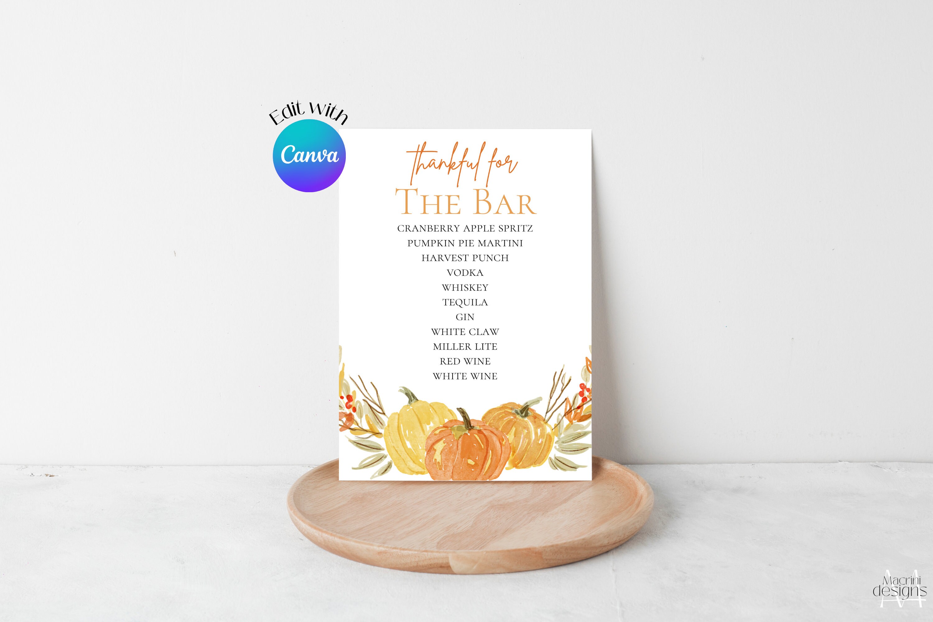 Friendsgiving Bar Menu, Thanksgiving Drinks Menu Sign Template ...