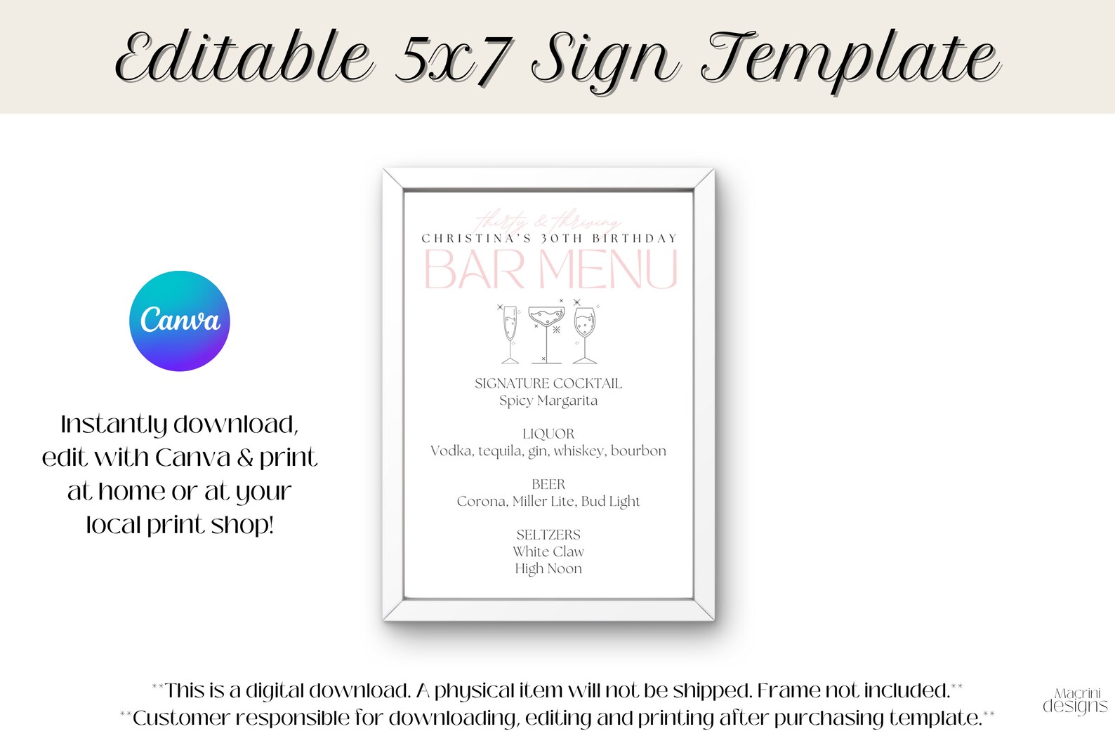 30th Birthday Bar Menu, Custom Bar Sign, Editable Bar Menu Template ...