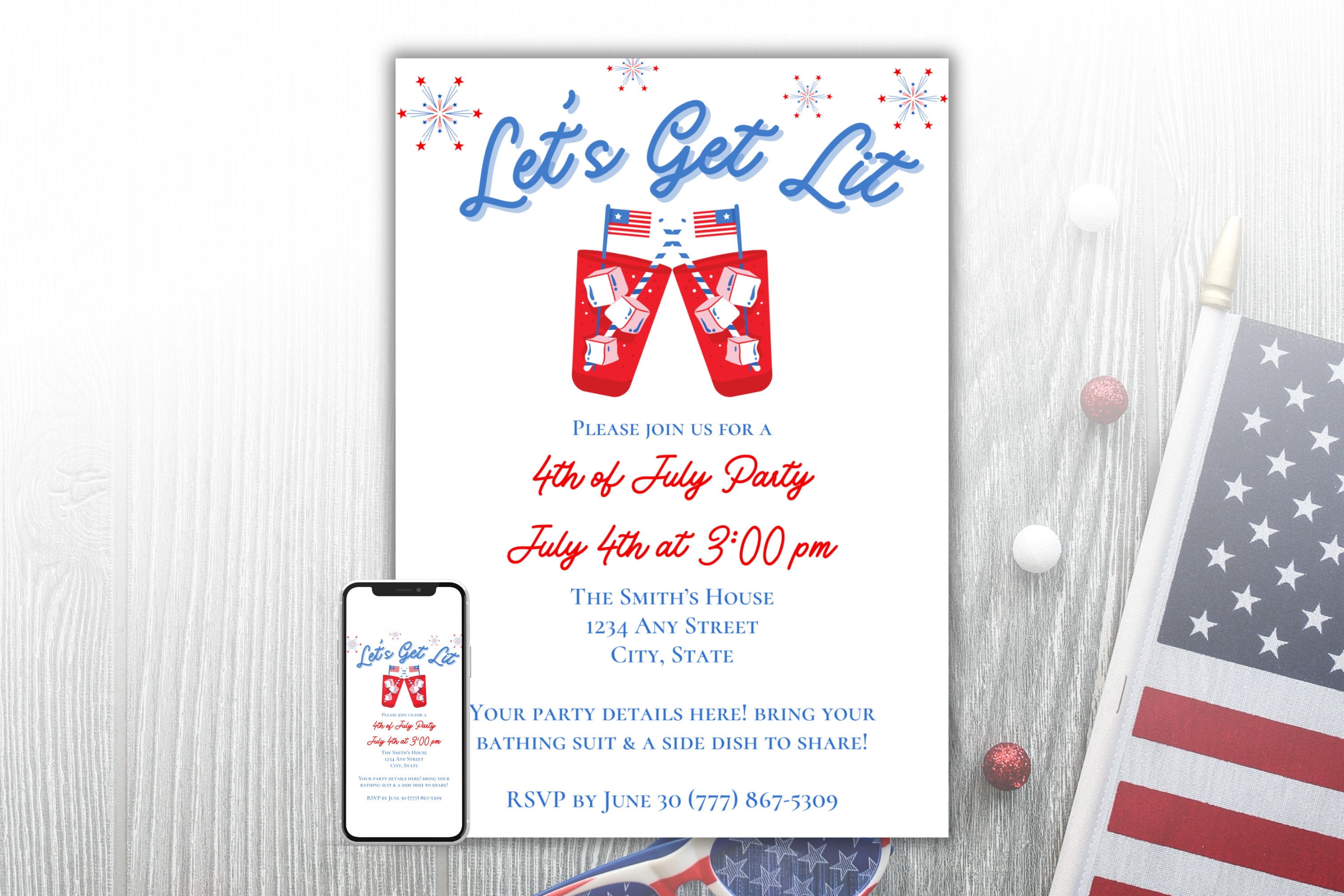 Fourth of July Party Invite, July 4th Party, Let's Get Lit Invitation ...