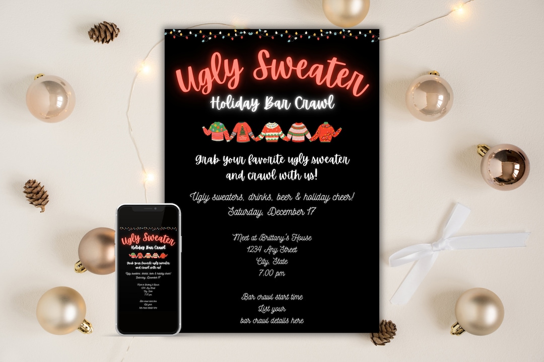 Editable Ugly Sweater Bar Crawl Invitation, Fun Christmas Bar Crawl ...