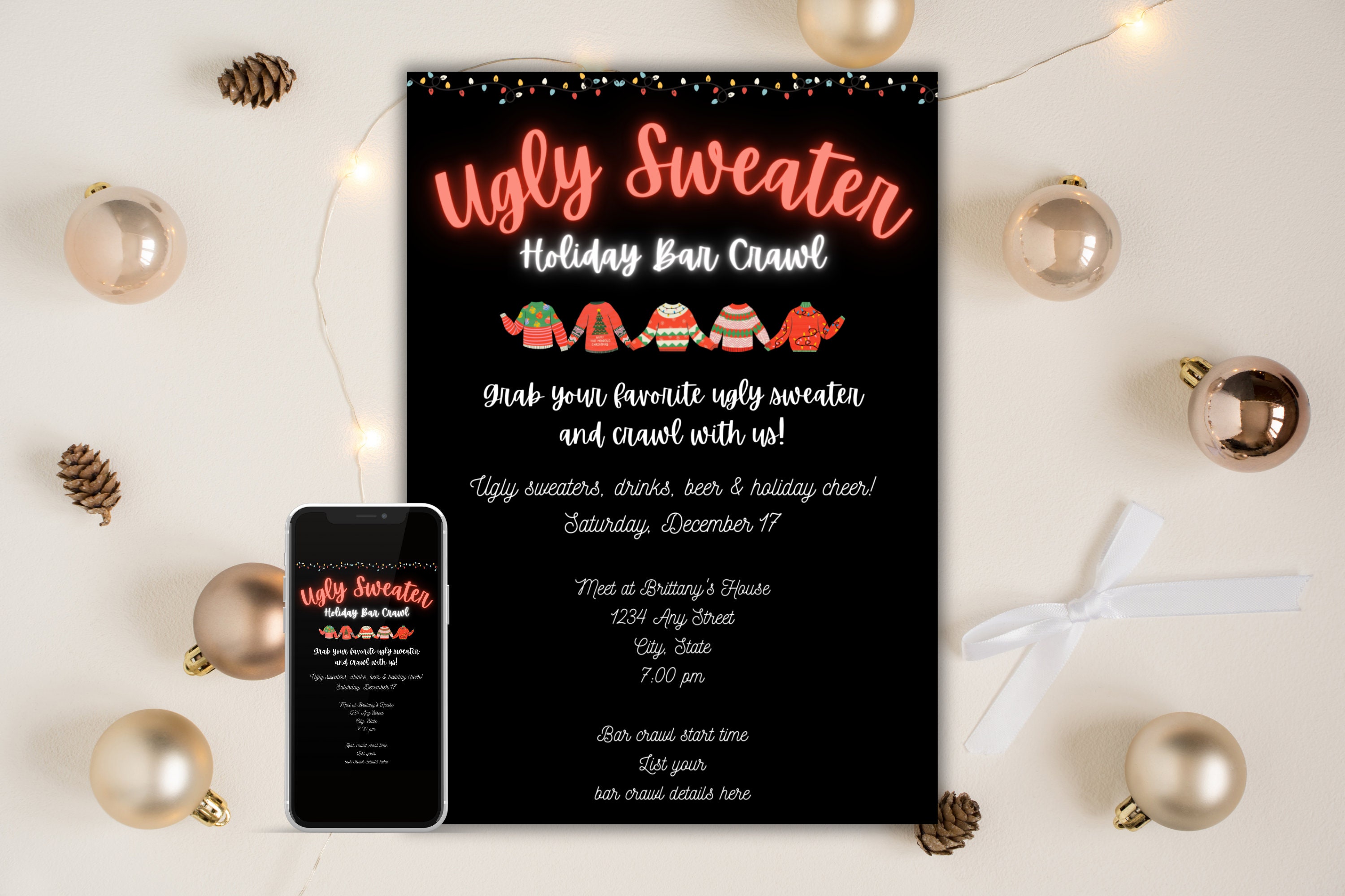 Editable Ugly Sweater Bar Crawl Invitation, Fun Christmas Bar Crawl ...