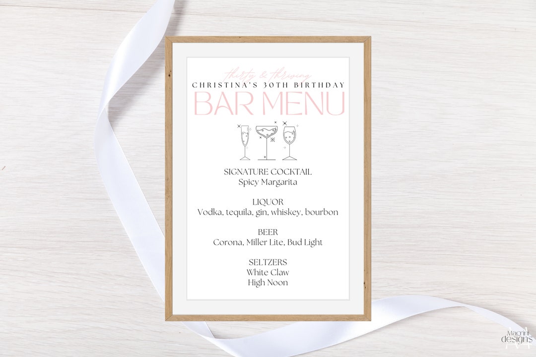 30th Birthday Bar Menu, Custom Bar Sign, Editable Bar Menu Template ...
