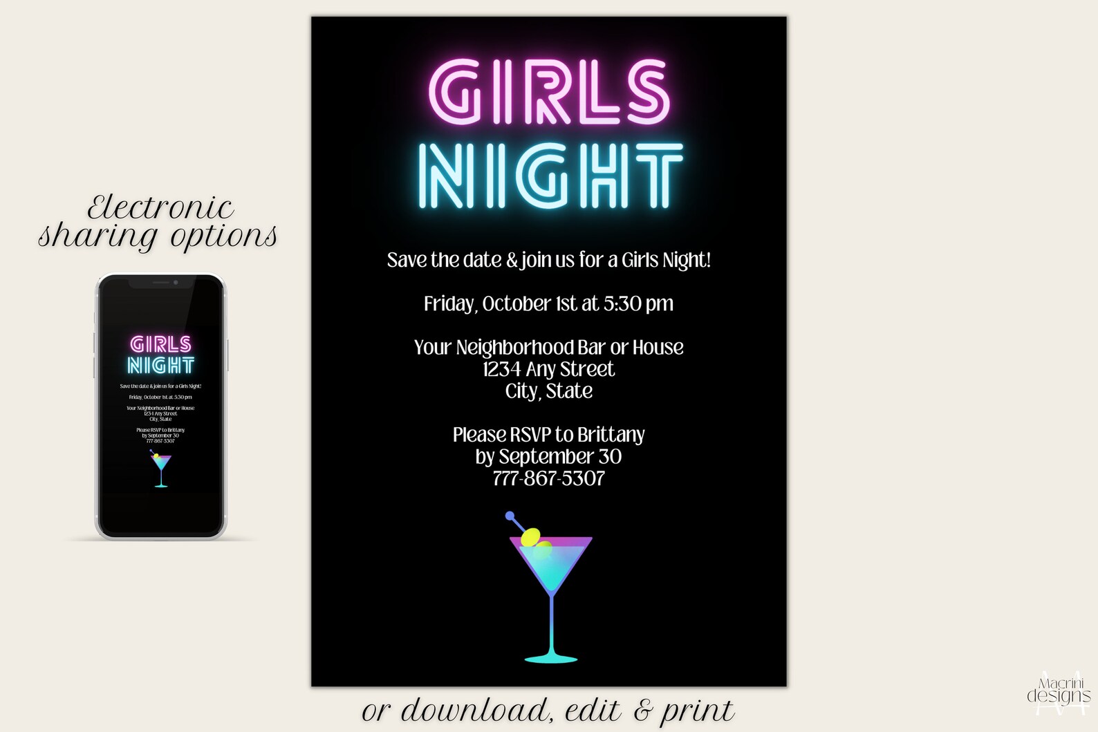 Martini Girls Night Invite, Ladies Night, Fun Girls Night Out, Moms ...