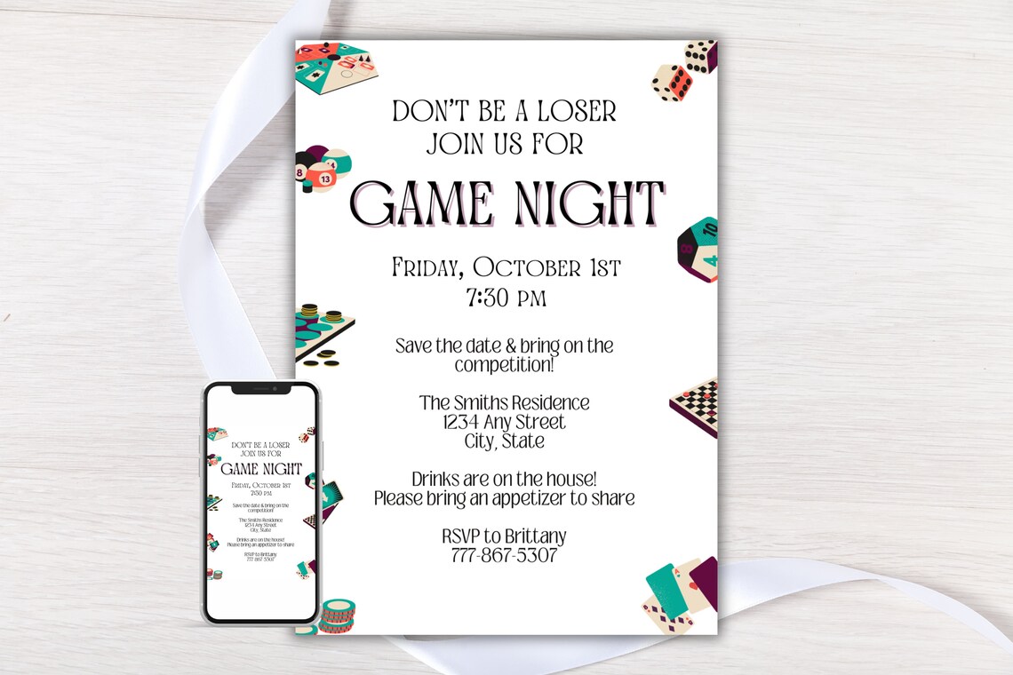 Editable Game Night Invitation, Board Game Night Invite, Card Game ...
